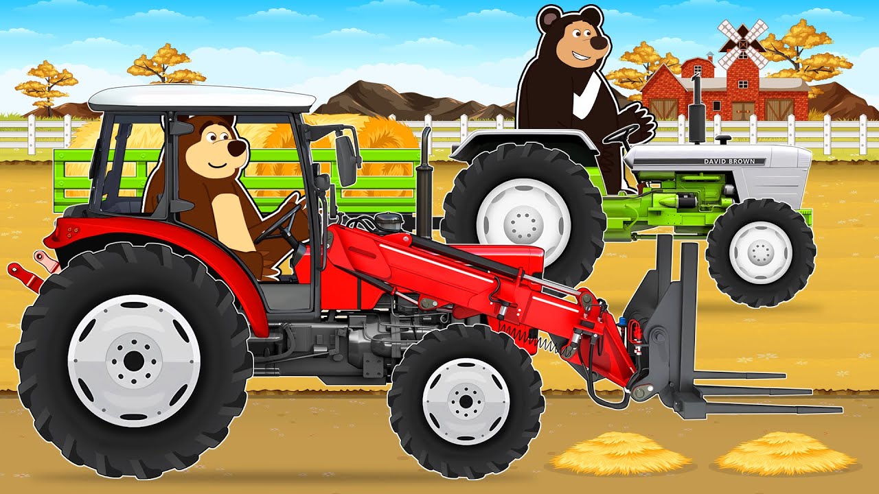 Farmer And Tractor Front Loaders Collecting Hay Straw Bales and Work on ...