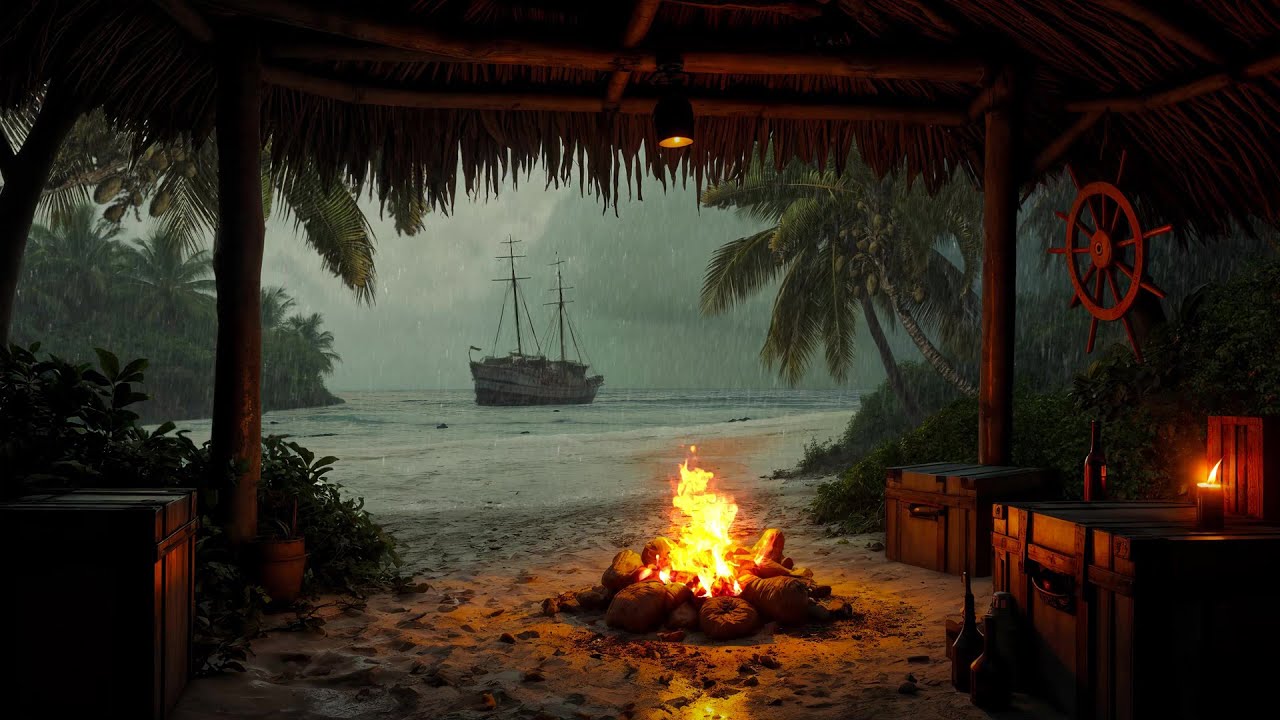 Cozy Rainy Island Night with Campfire | Pirate Ship Ambience & Relaxing ...