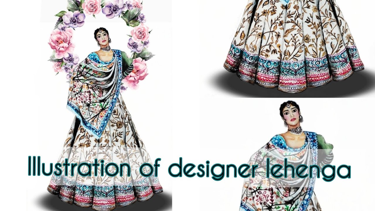 Designer lehenga illustration/with easy techniques/white lehenga ...