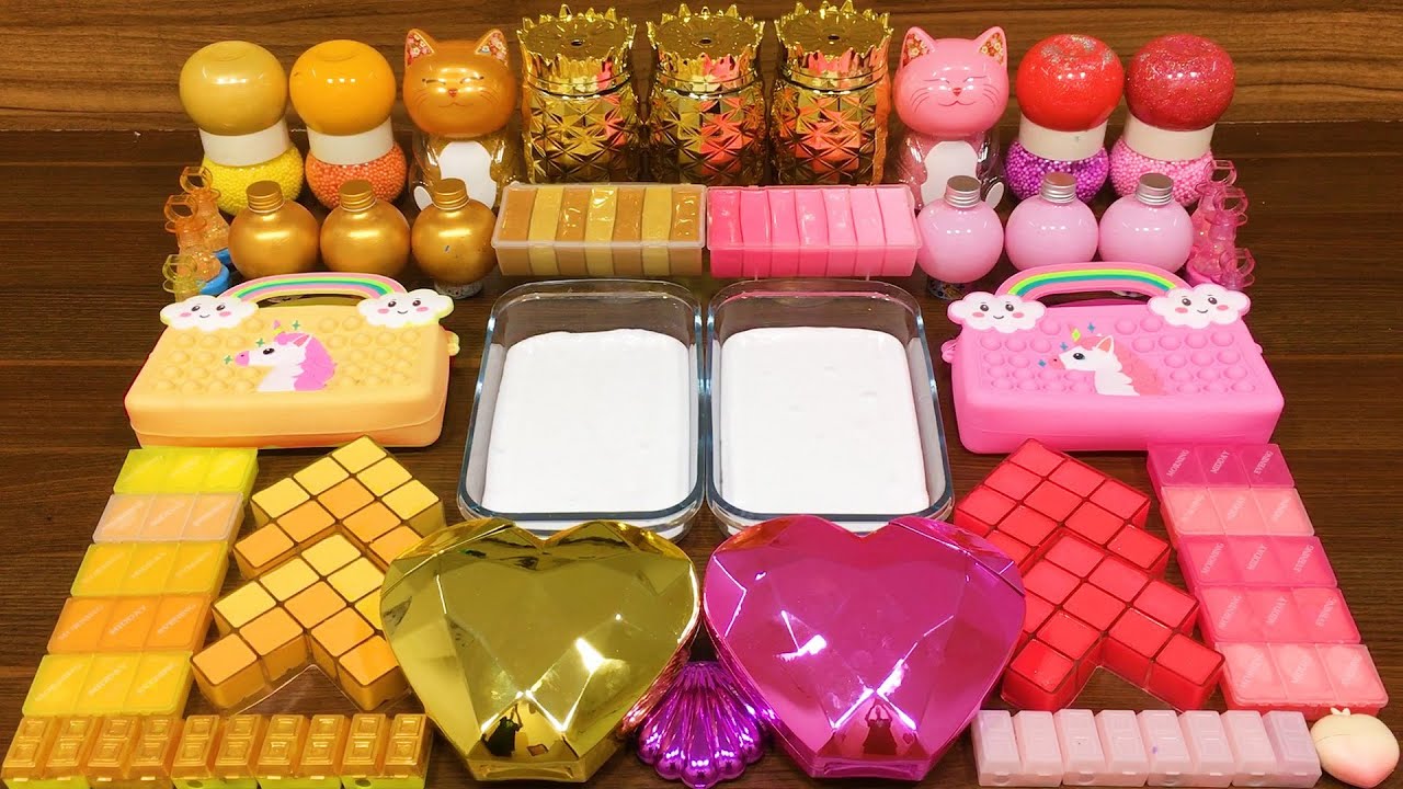 GOLD vs PINK HEART !!! Mixing random into GLOSSY SLIME!!!Satisfying ...