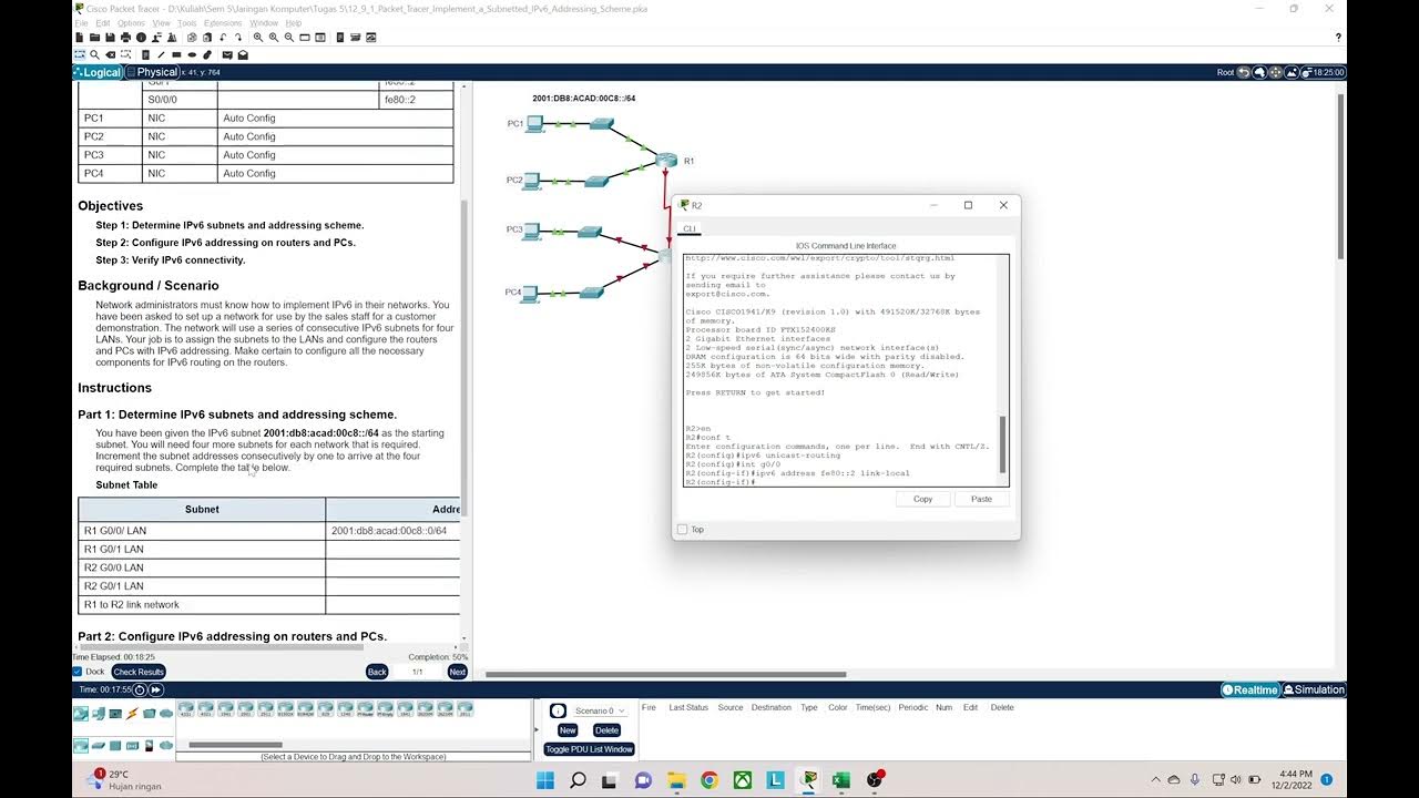 12.9.1 Packet Tracer - Implement a Subnetted IPv6 Addressing Scheme (Tugas 5 - Jaringan Komputer ...