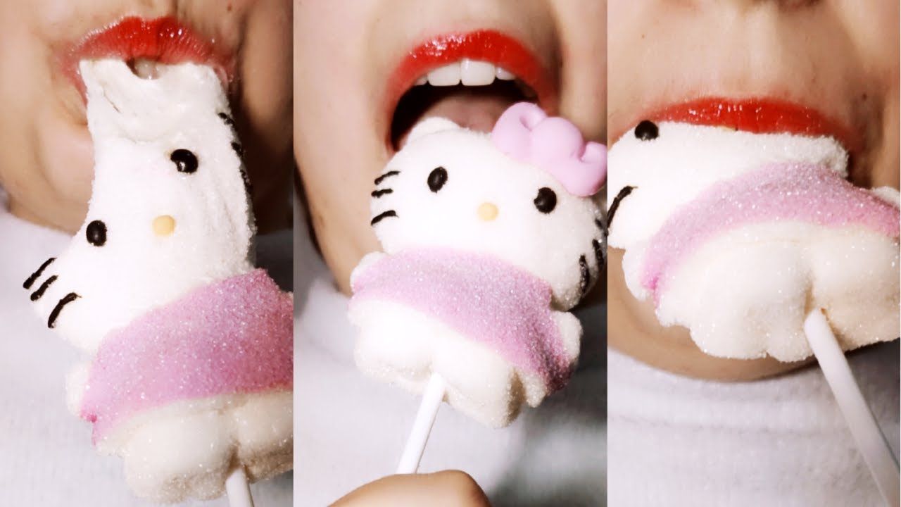 ASMR Hello Kitty big pink eating sounds 헬로키티 빅 핑크 먹는 소리 - YouTube