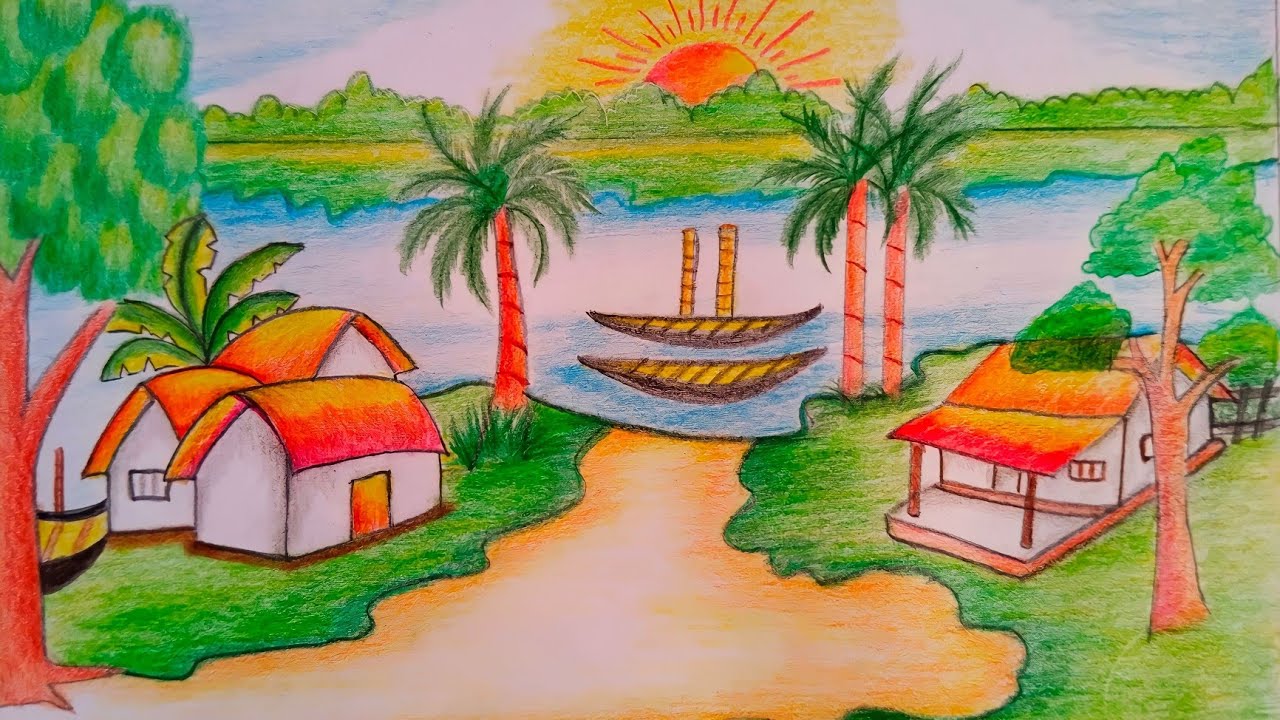 How to draw sunny landscape Village scenery, সূর্যোদয়ের গ্রামীণ দৃশ্য ...