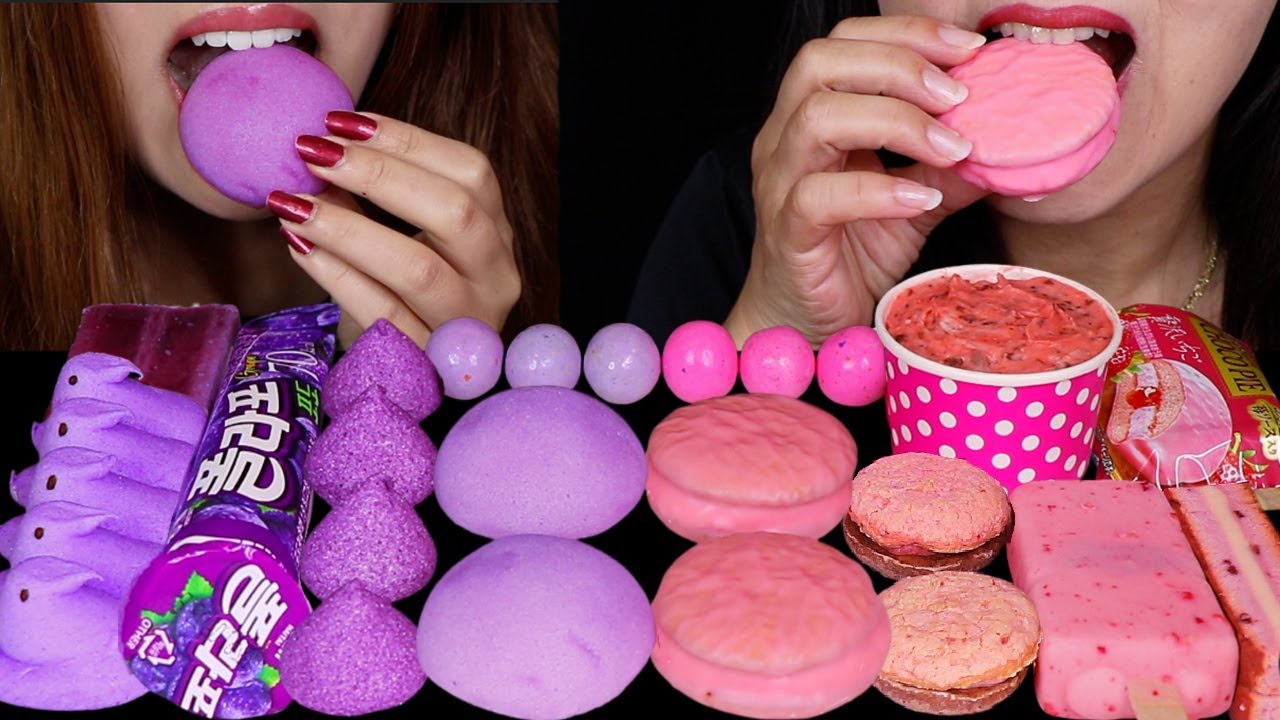 ASMR PURPLE VS PINK DESSERTS (STRAWBERRY FRESH CREAM PIES, GRAPE ...
