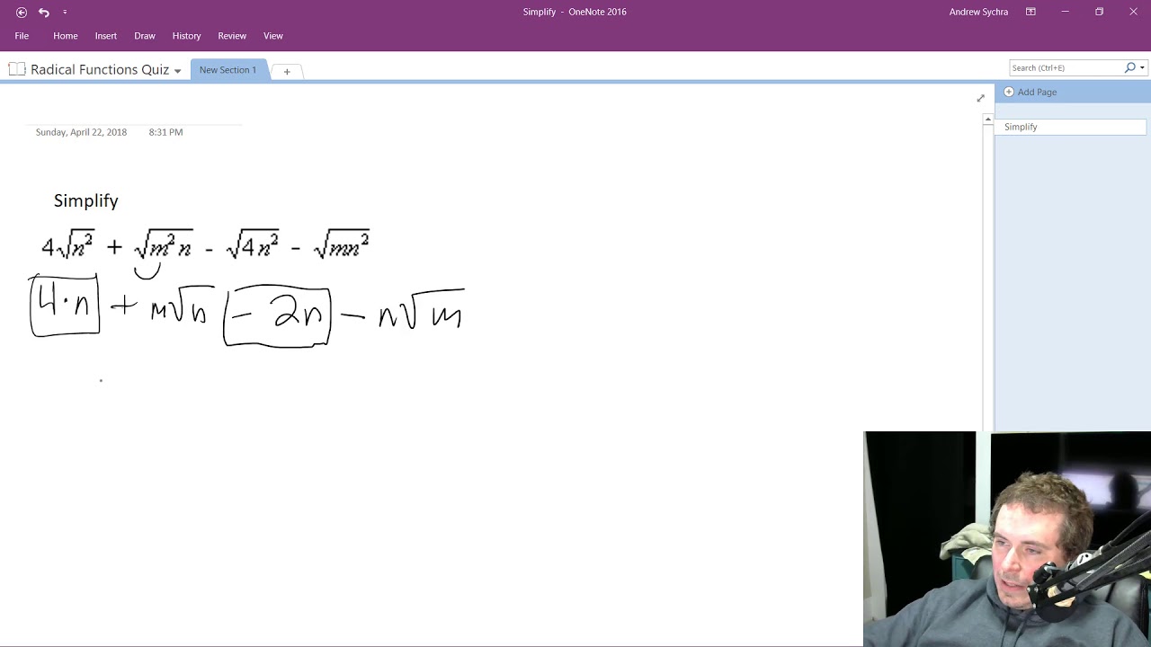 Simplify 4*sqrt(n^2) + sqrt(m^2*n) - sqrt(4n^2) - sqrt(mn^2) - YouTube