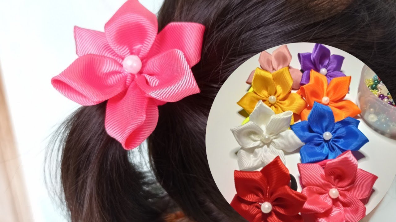 DIY tutorial || membuat ikat rambut bunga dari pita - YouTube