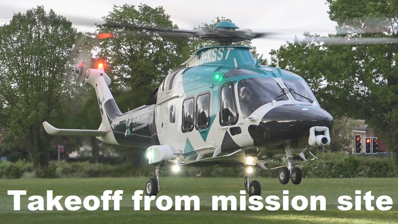AW169 rescue helicopter taking off from Crawley park G-KSST - YouTube