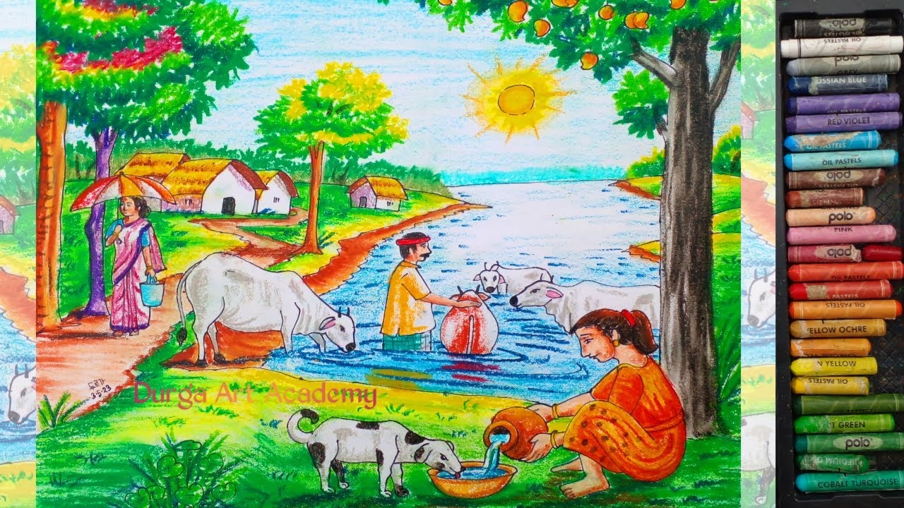 Summer Season Drawing With Oil Pastel / Beautiful Village Scenery ...