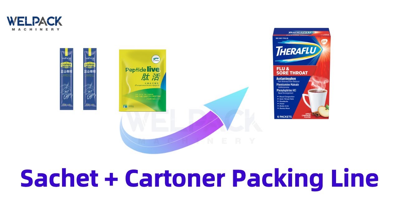 Sachet/stick pack and cartoner packaging line - YouTube