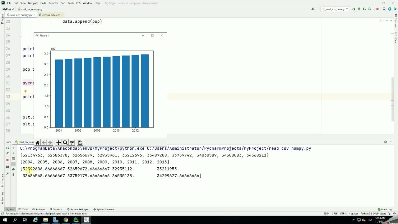 Lire une données d'un CSV et créer une matrice avec Numpy, ensuite afficher avec Matplotlib ...