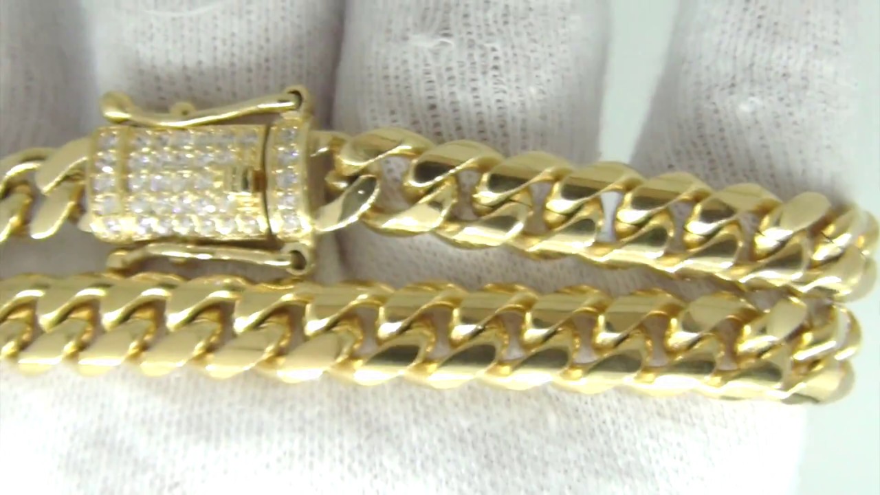 Bling Bling CZ Diamond Lock Cuban Chain 8MM Gold Steel HC8910G - YouTube