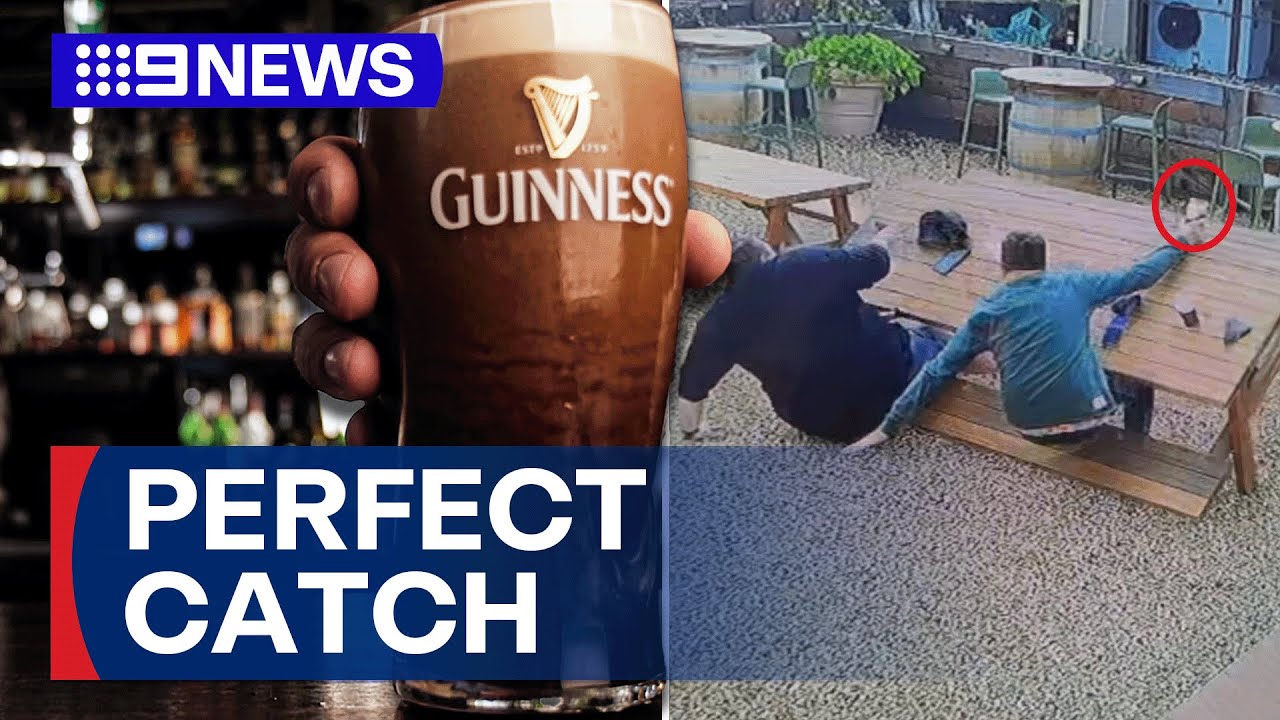 Man makes impressive catch during beer garden tumble | 9 News Australia ...