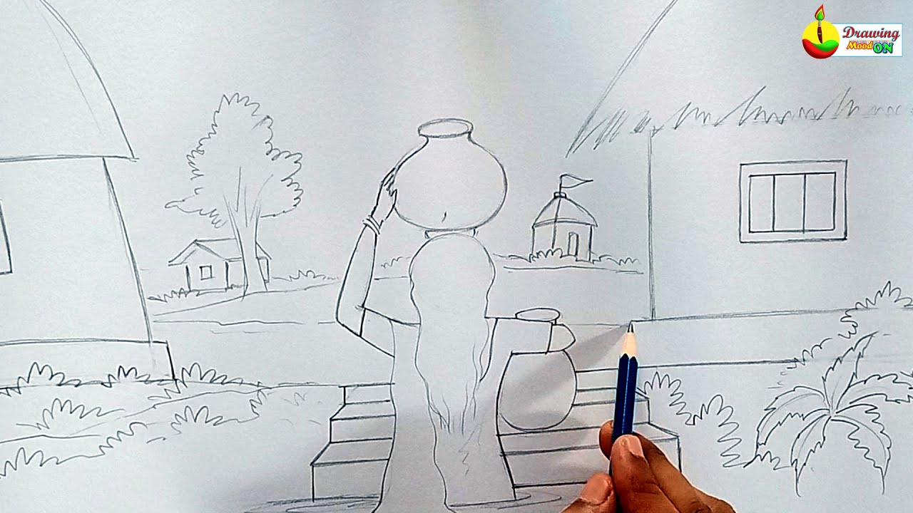 How To Draw Woman With Pot On Head. Village Drawing With Woman, House ...