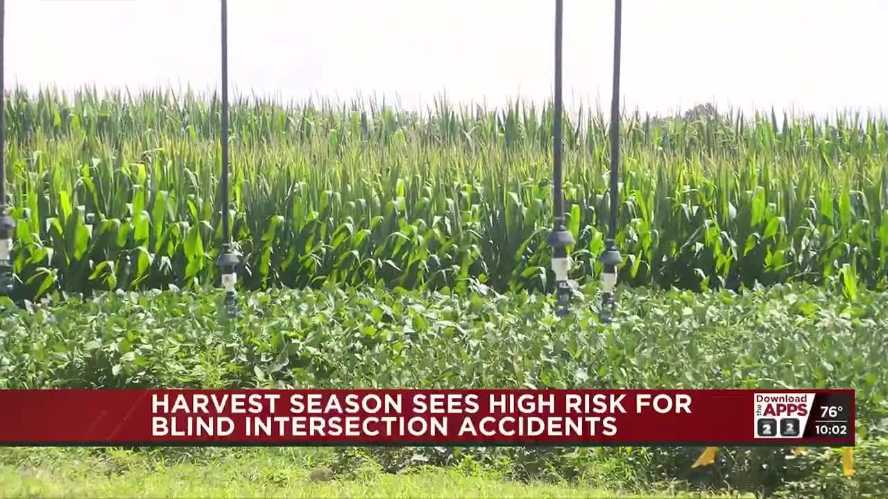 Uptick in blind intersection accidents during harvest season - YouTube