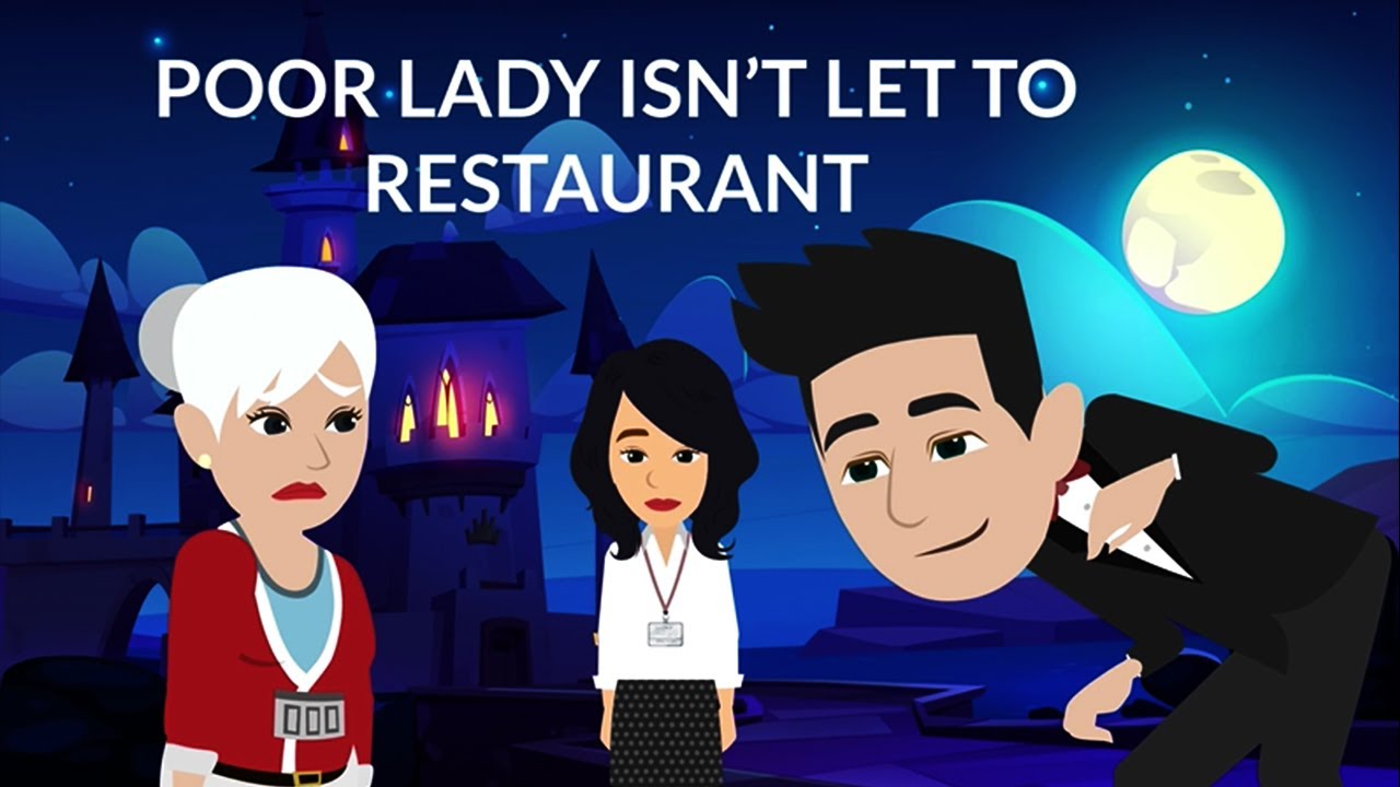 Poor lady is not allowed inside the restaurants/cartoons/Hospitality ...