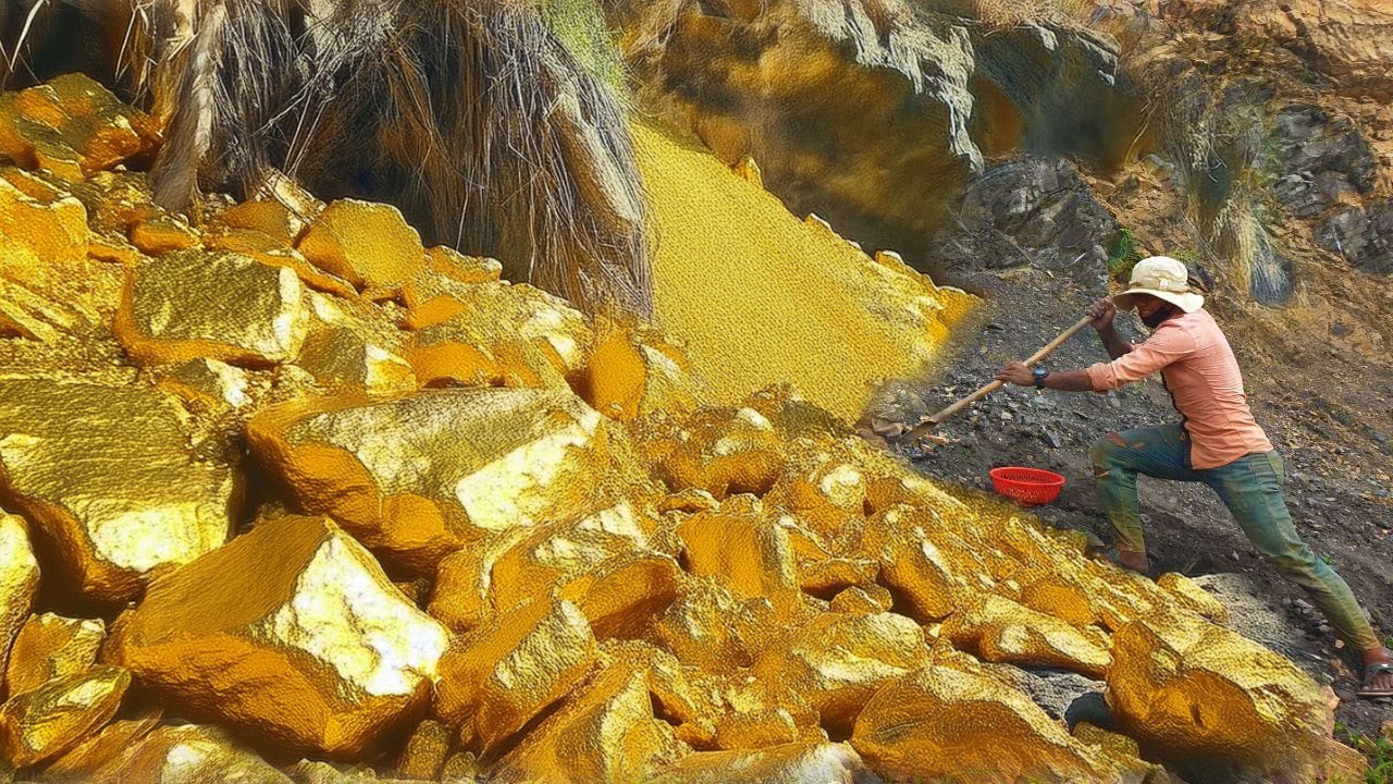 wow amazing day! a man found a lot of gold under stone on top mountain ...
