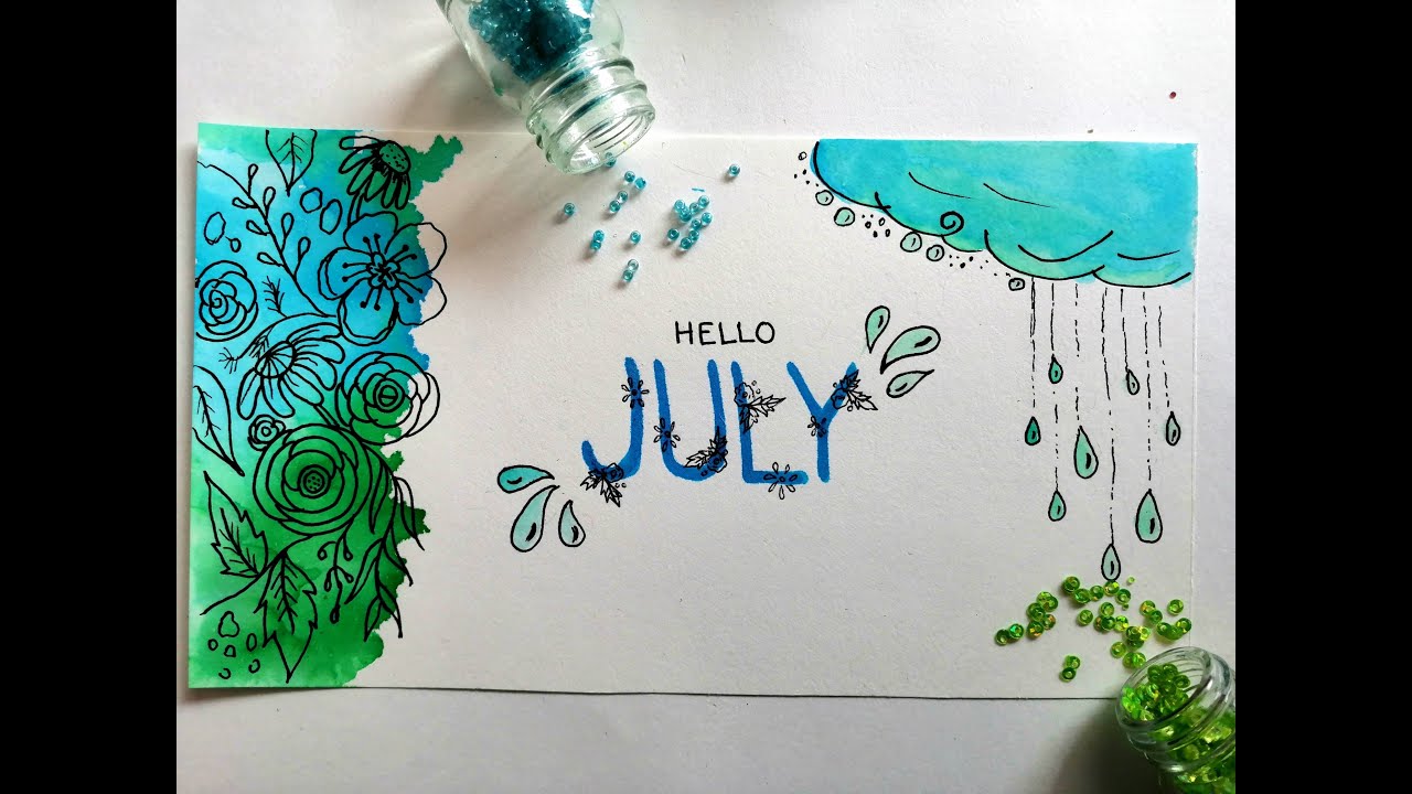 Brushpen calligraphy (Hello July) with DIY abstract background having ...