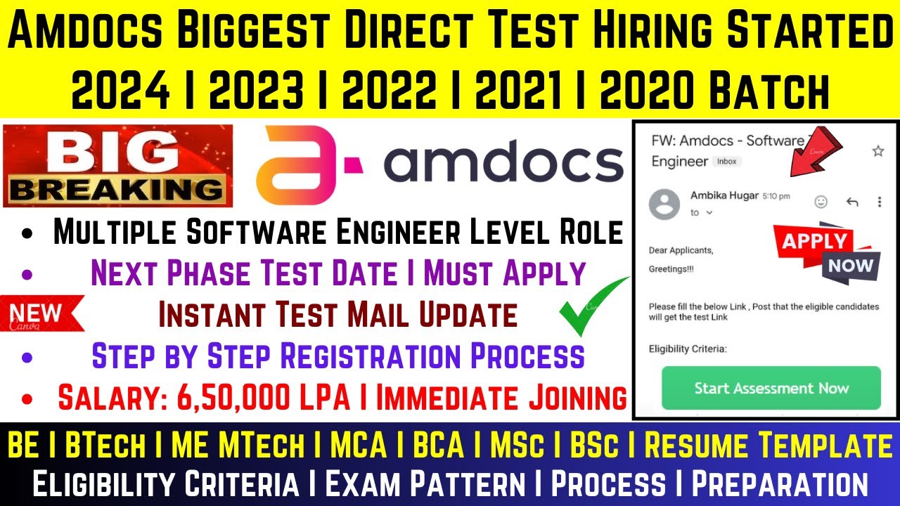 Amdocs Biggest Hiring | 2024-2020 Batch | Instant Exam Mail | Software Engineer Role Salary: 6.5 ...