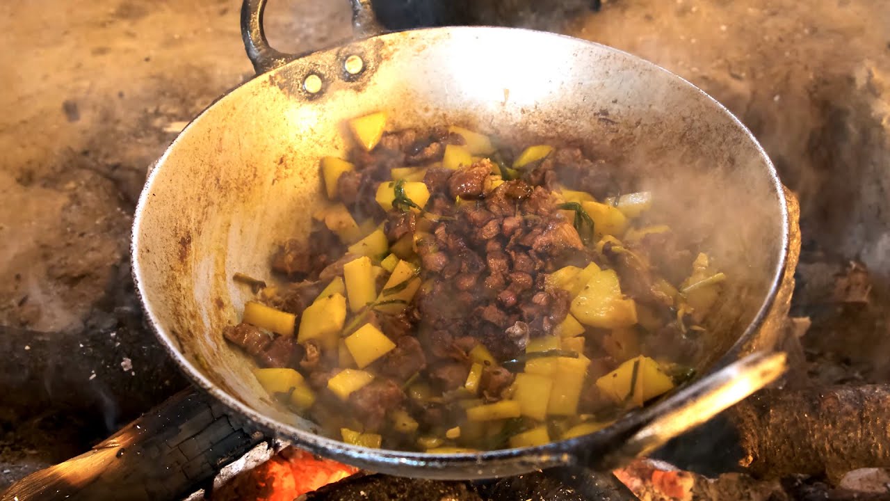 buff and potato mix curry with rice cooking in the village ||nepali ...