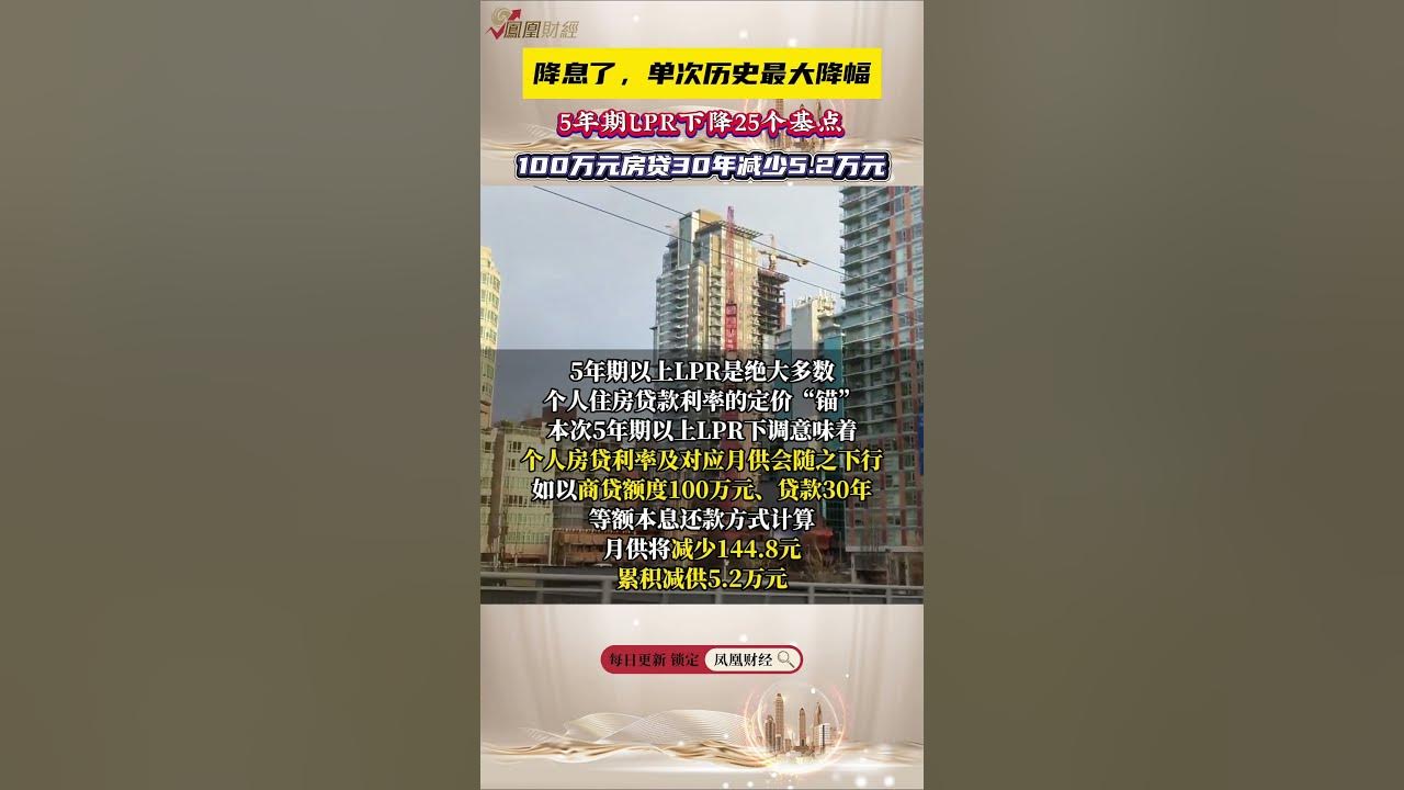 最猛降息，中國央行宣佈5年期LPR下調25BP，100萬元房貸30年減少5.2萬元#lpr #降息 #央行 #房貸 #房價 - YouTube