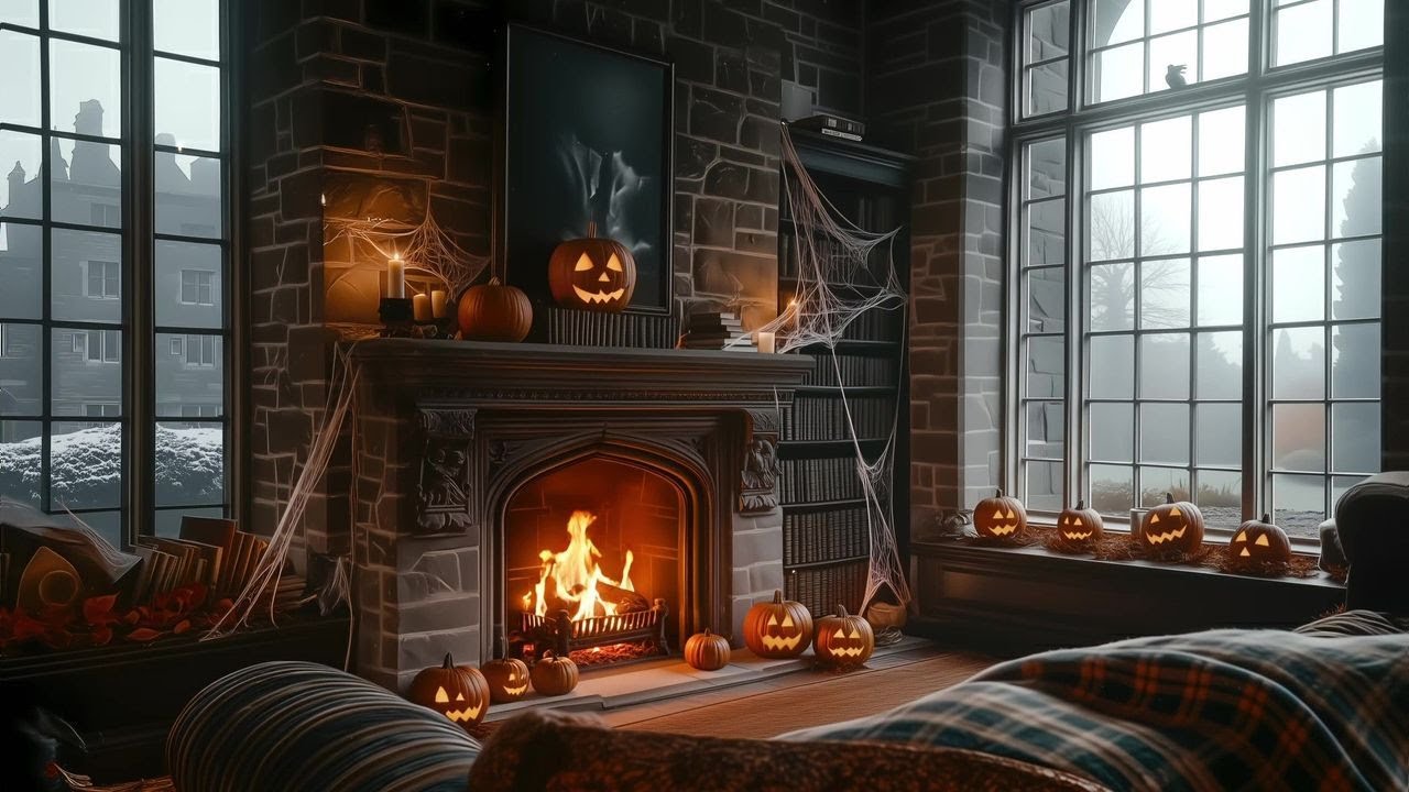 🎃 Haunted Castle Fireplace Ambience | Spooky Halloween Night in Snowy ...