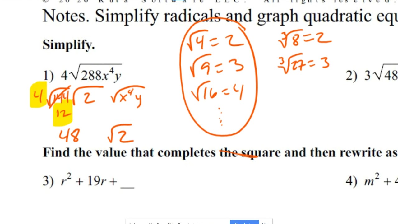 Leonzo simplify radicals and graph completing the square. Part 1 - YouTube