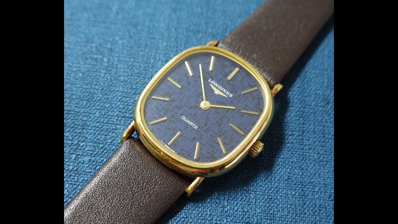 c1985 Longines Ellipse men's vintage quartz watch with patterned blue ...