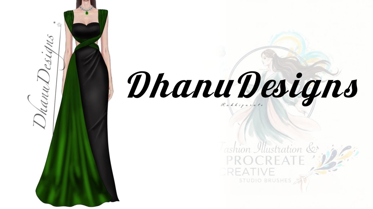 Stunning Black & Emerald Green Gown Fashion Illustration | Dramatic Draping Design by Dhanu ...