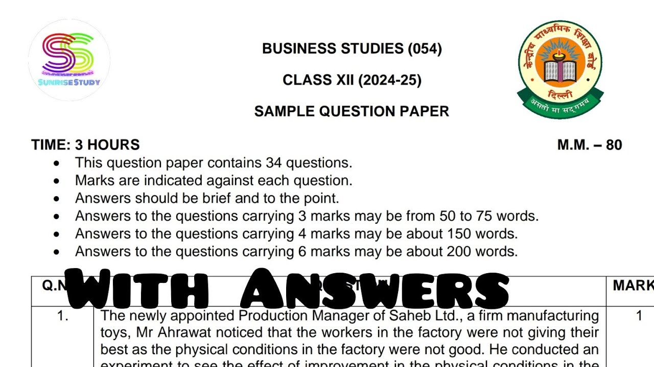 Sample Paper with Answers class 12 Business Studies 2024-25 sample ...