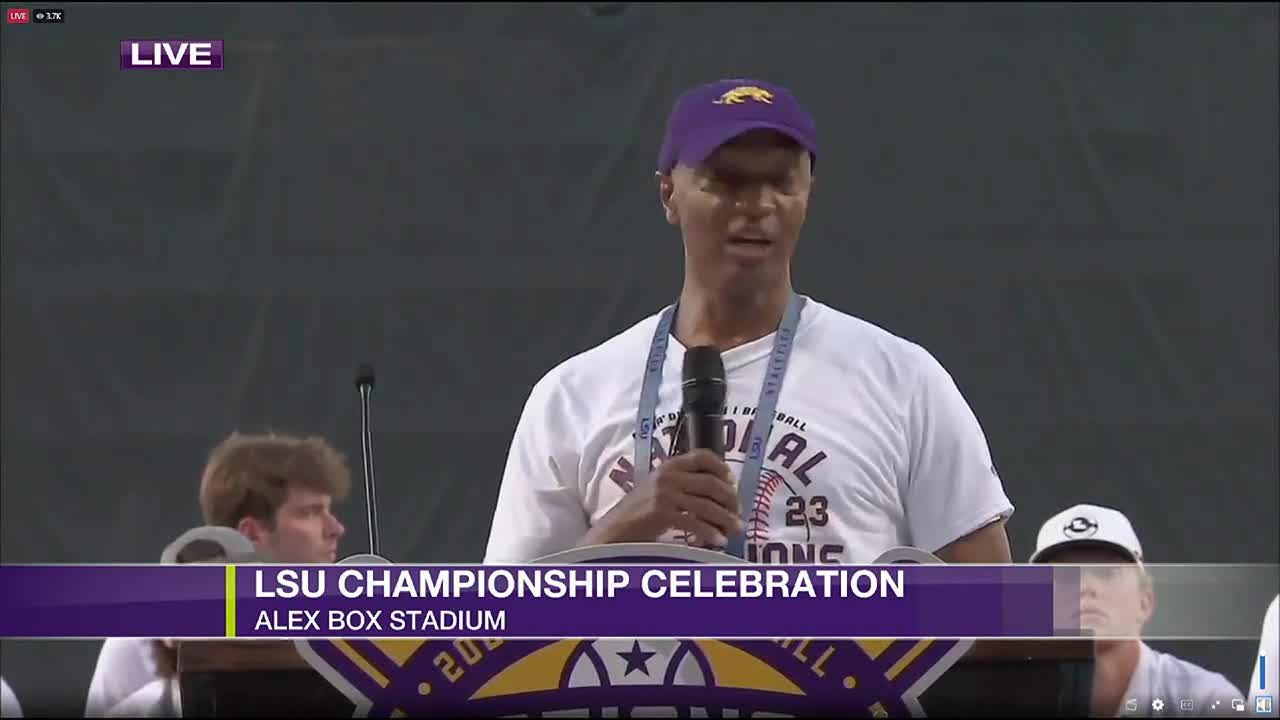 President Dr. William F. Tate IV speaks at the LSU Championship ...