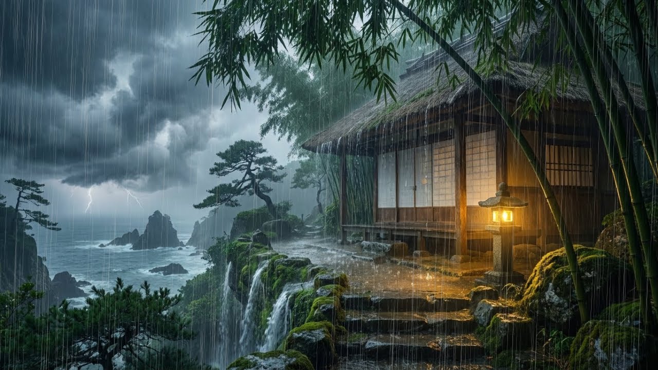 Rainy Night on a Cliffside Japanese House – Cinematic Storm Ambience ...