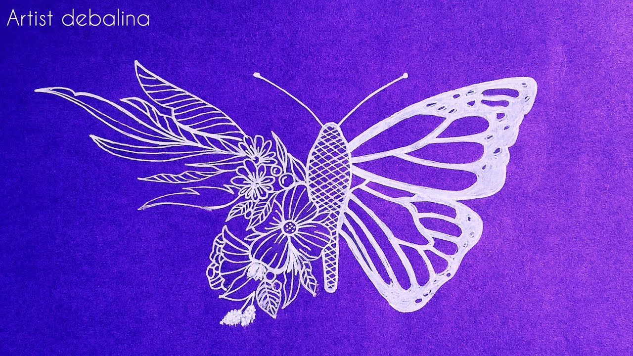How to draw beautiful half butterfly and half flower art with white pen ...