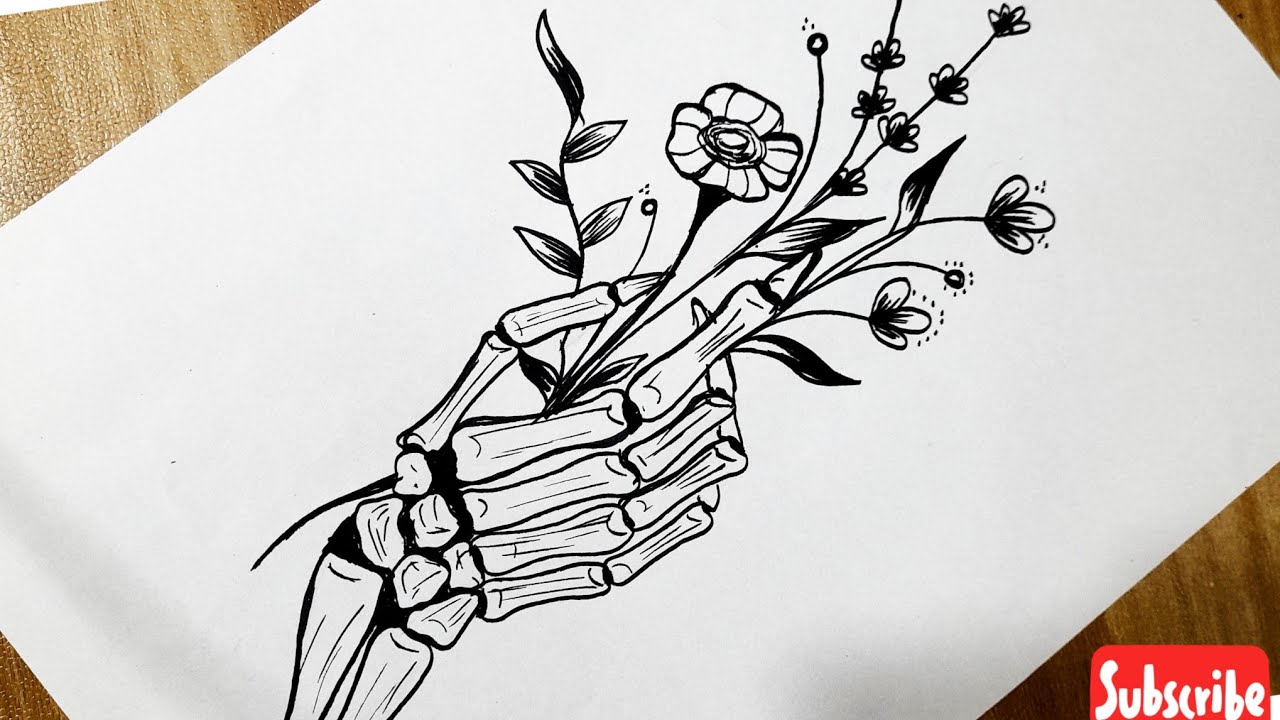 How to draw a skeleton hand with flower || Skeleton tattoo drawing ...