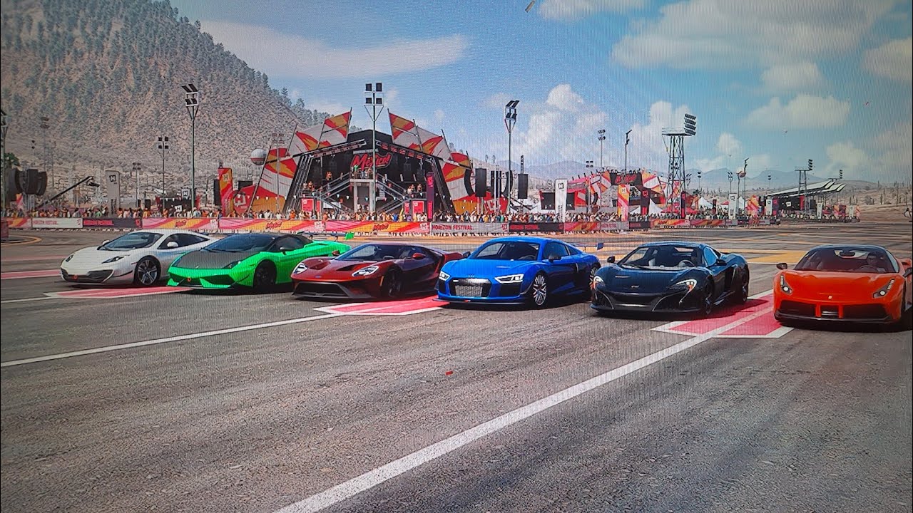 FH5 drag race Ferrari 488 GTB Vs 650S Vs Audi R8 Ford GT Lamborghini ...
