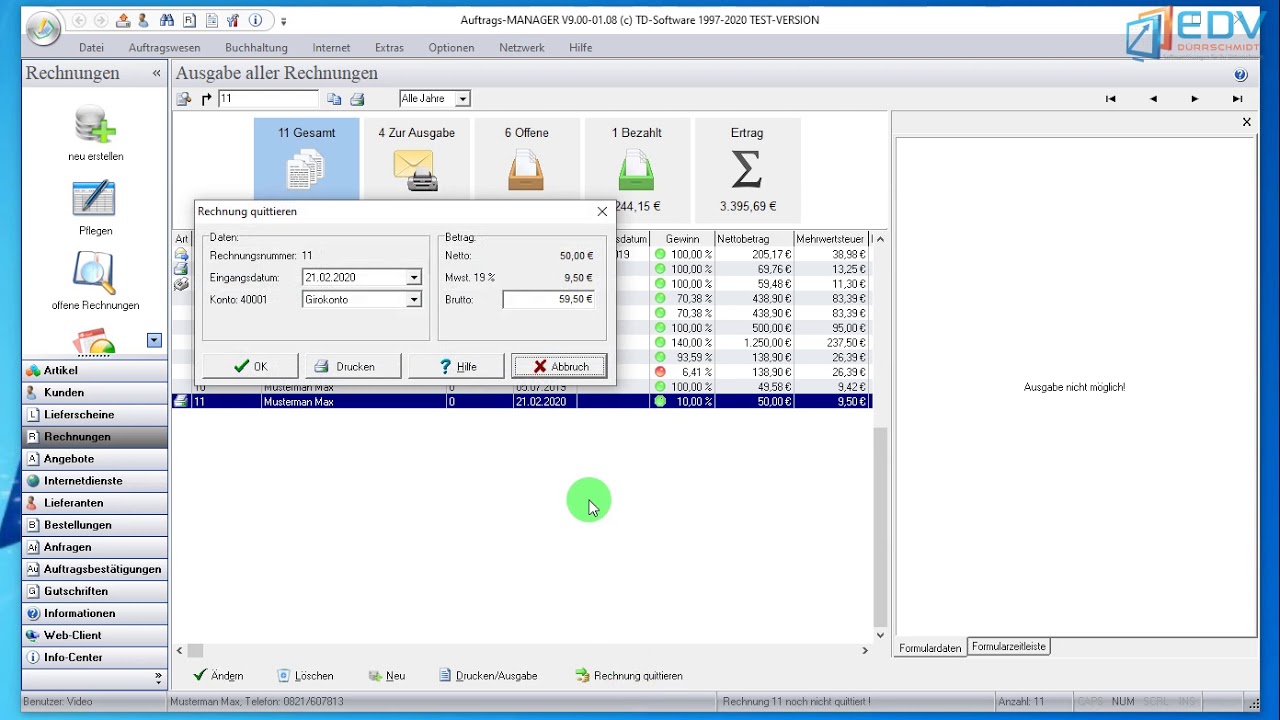 Rechnungen quittieren, stornieren im Rechnungsprogramm Auftrags MANAGER - YouTube