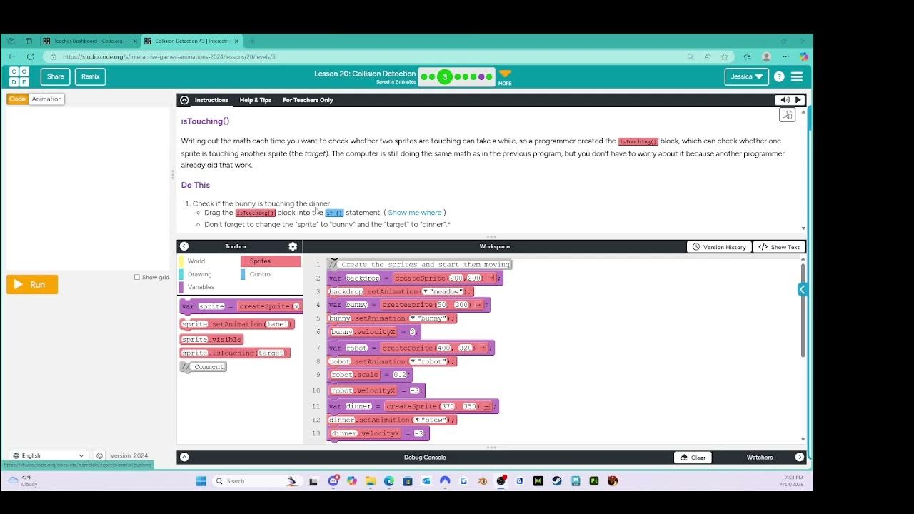 Lesson 20: Collision Detection: Level 3 - Code.org - CS Discoveries - Interactive Animations ...