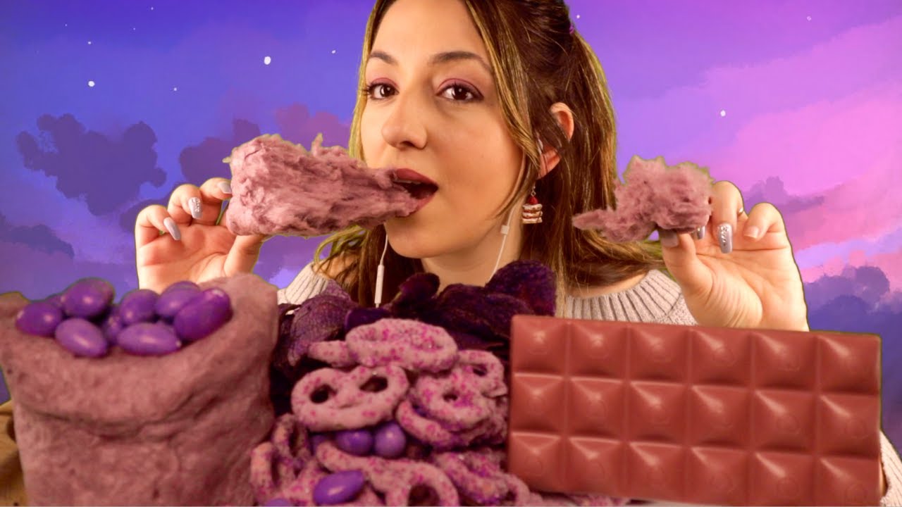 ASMR YEMEK | Mor Çikolata, Pamuk Şeker, Cips | Türkçe MUKBANG | Yemek ...