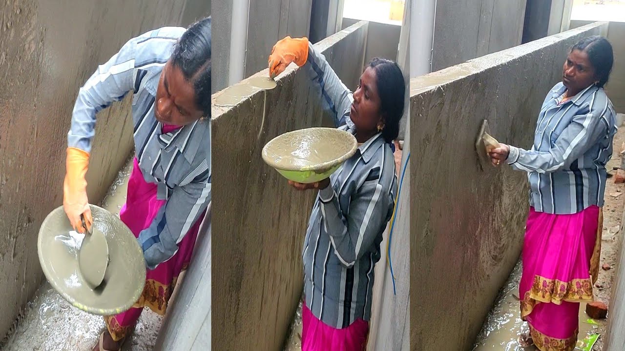 Female Construction Worker// Finishing Work Using Cement and Smooth ...