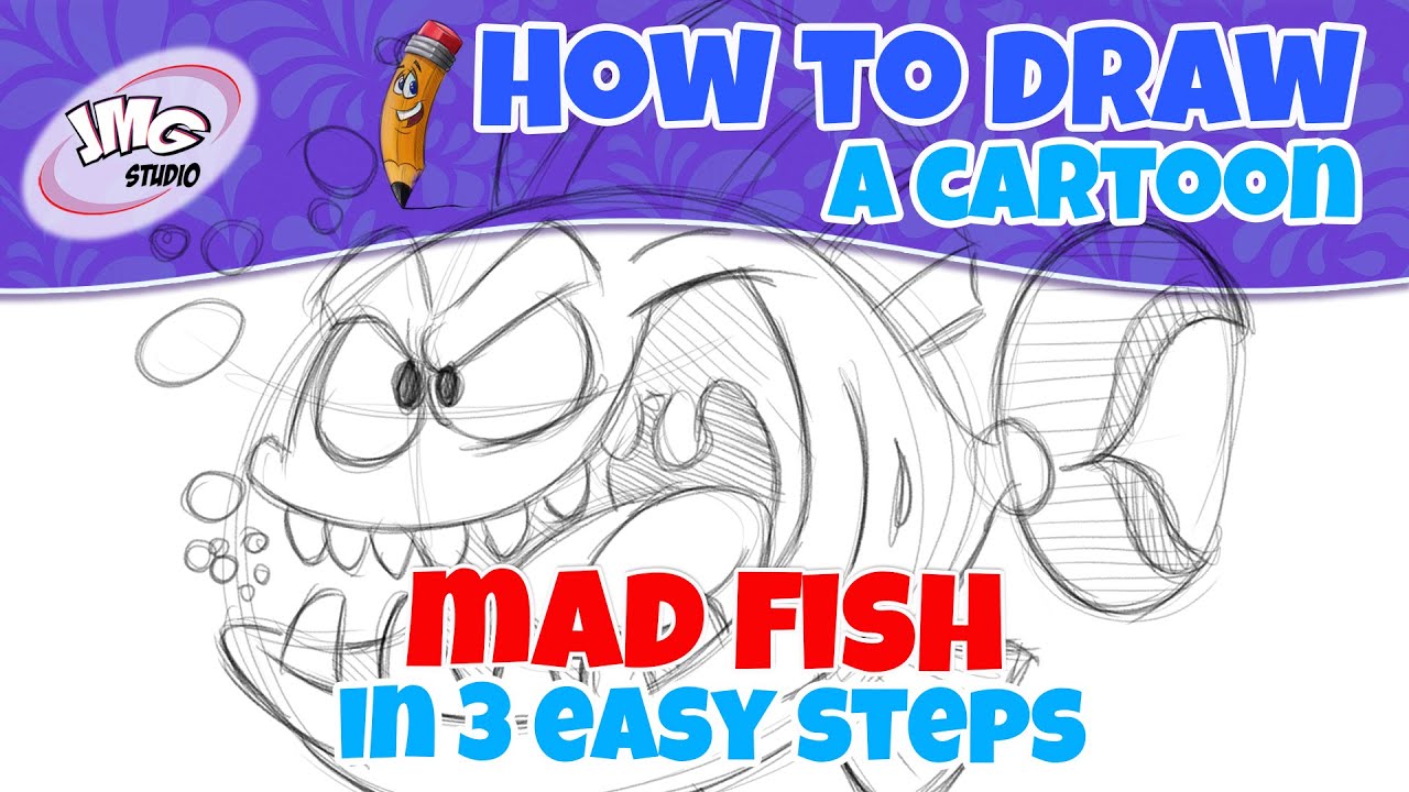 How To Draw a cute cartoon mad fish in 3 easy steps - YouTube