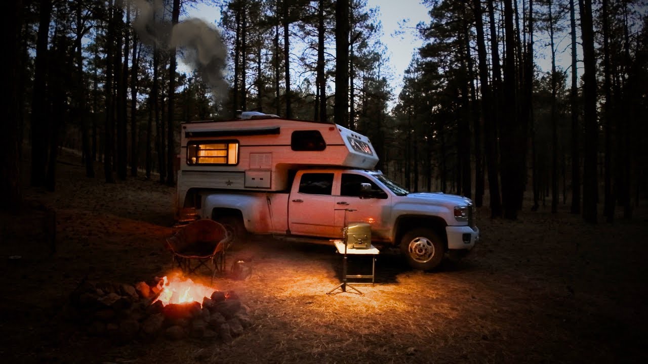 Remote Camping In A Truck Camper With A Mini Wood Stove - YouTube