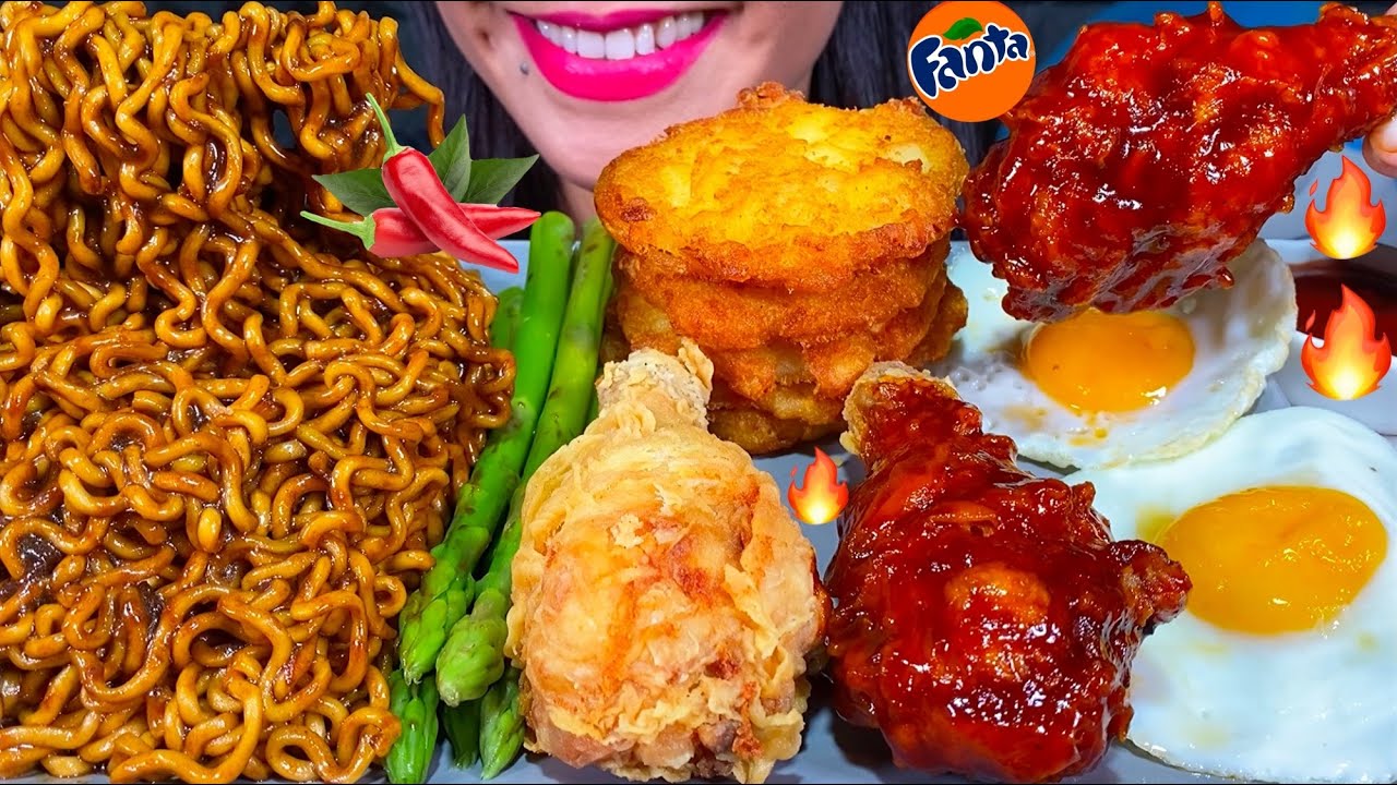 ASMR BLACK BEAN NOODLES, SPICY FRIED CHICKEN, EGGS, HASH BROWN, MUKBANG ...