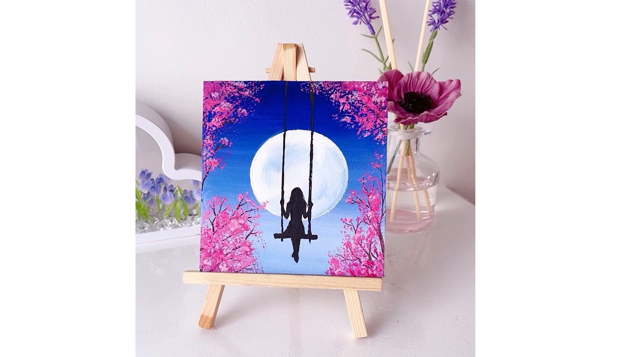 Easy Painting Technique || Alone Girl swinging in the beautiful moonlit ...
