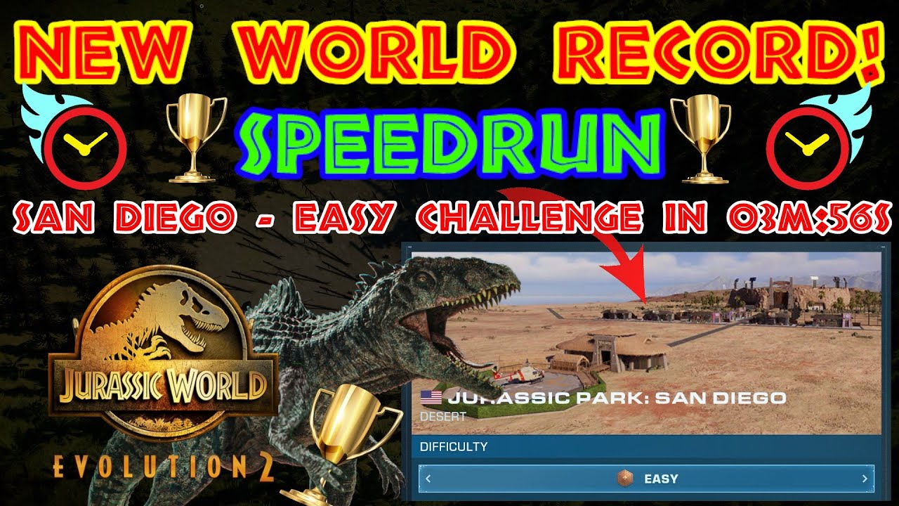 NEW WORLD RECORD! - Speedrun - San Diego Easy Challenge in 3m:56s - Jurassic World Evolution 2 ...