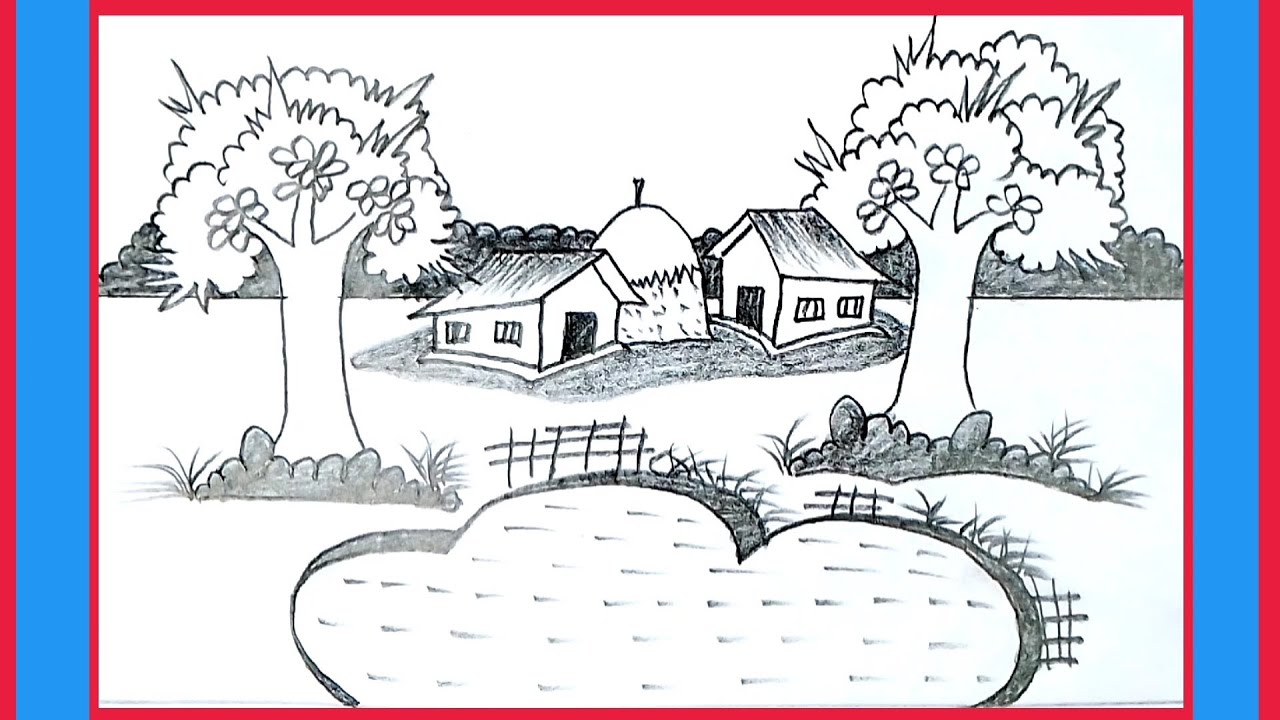 Village Scenery Drawing for beginners | Gramer Drisso drawing by pencil ...