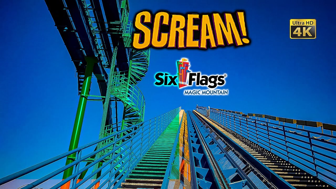March 2022 Scream Floorless Roller Coaster On Ride Front Row 4K POV Six ...