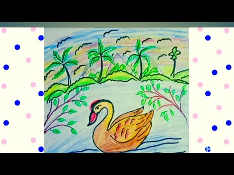 how to draw scenery with duck | Floating duck scenery drawing - YouTube