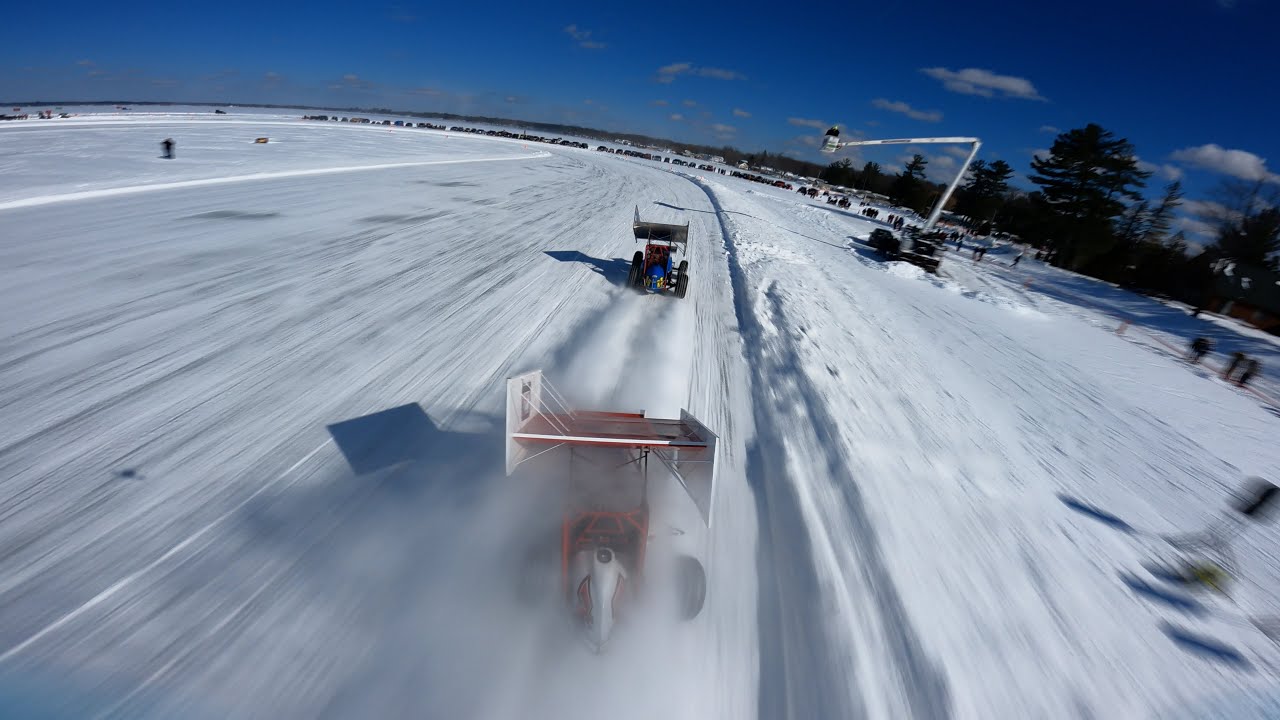 FPV drone chases winged sprint racecars on ice 2 - YouTube