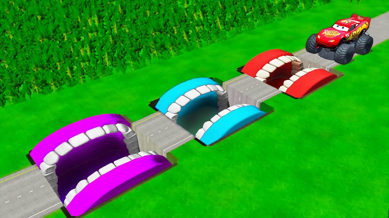 Giant Pits With Mouths VS HUGE & TINY PIXAR CARS! BeamNG Drive Battle ...