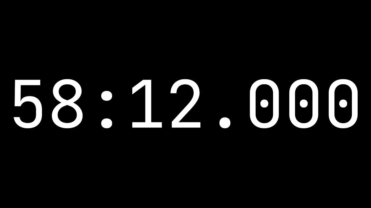 Countdown timer 58 minutes, 12 seconds [58:12.000] - White on black ...
