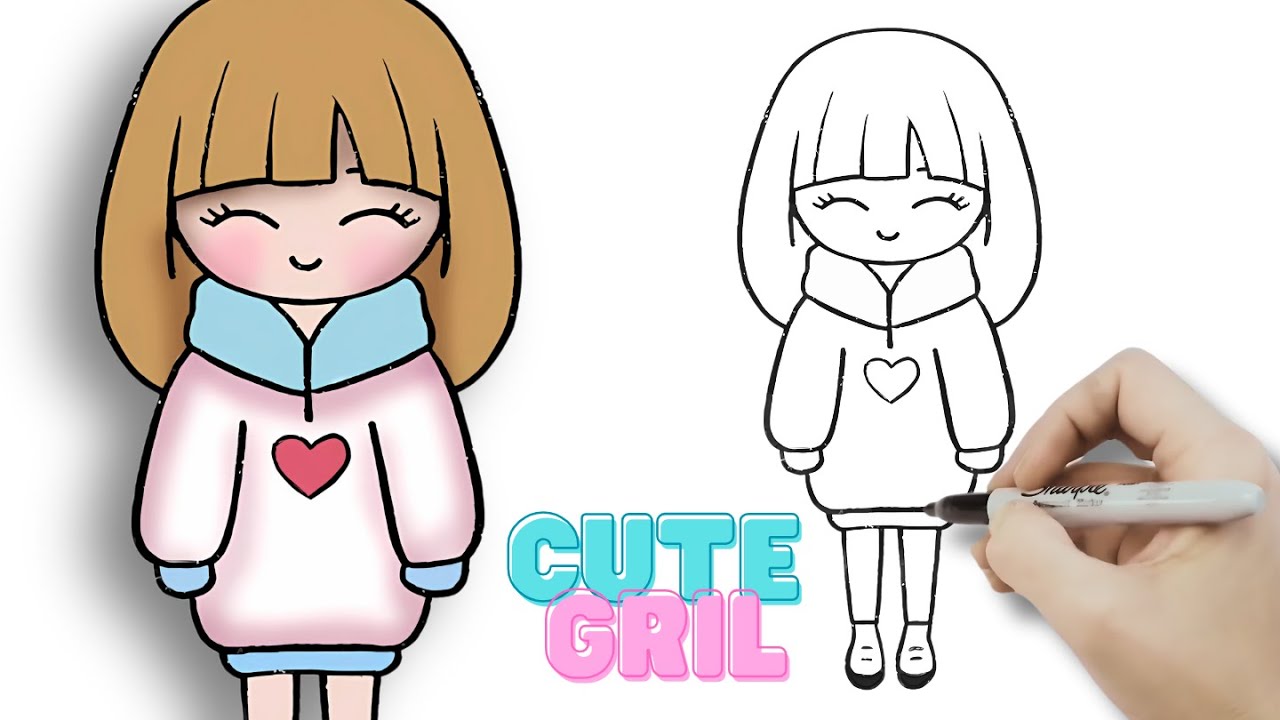 🌸 Hvordan tegne en søt jente - SØT og vakker liten dukke i en kjole ...